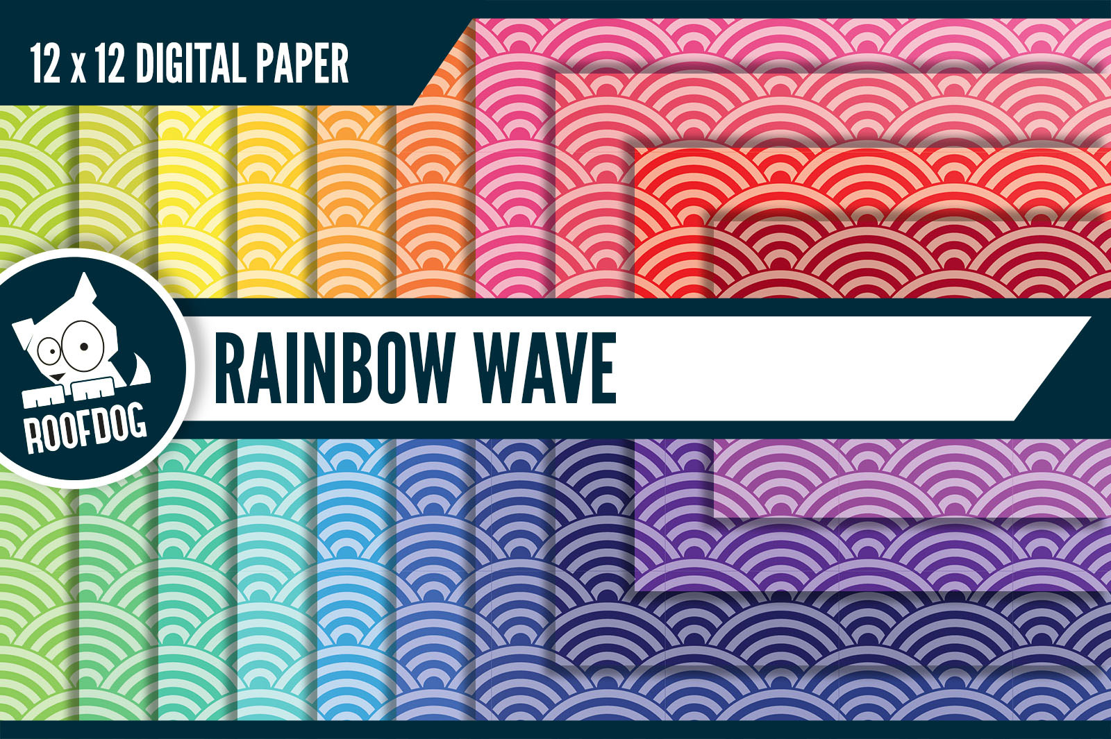 Rainbow wave digital paper, a Pattern Graphic by Roofdog Design