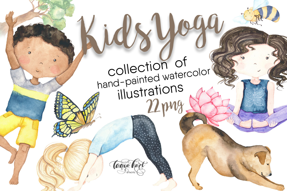 Kids Yoga Watercolor Clip Art, an Animal Illustration by Tanya Kart