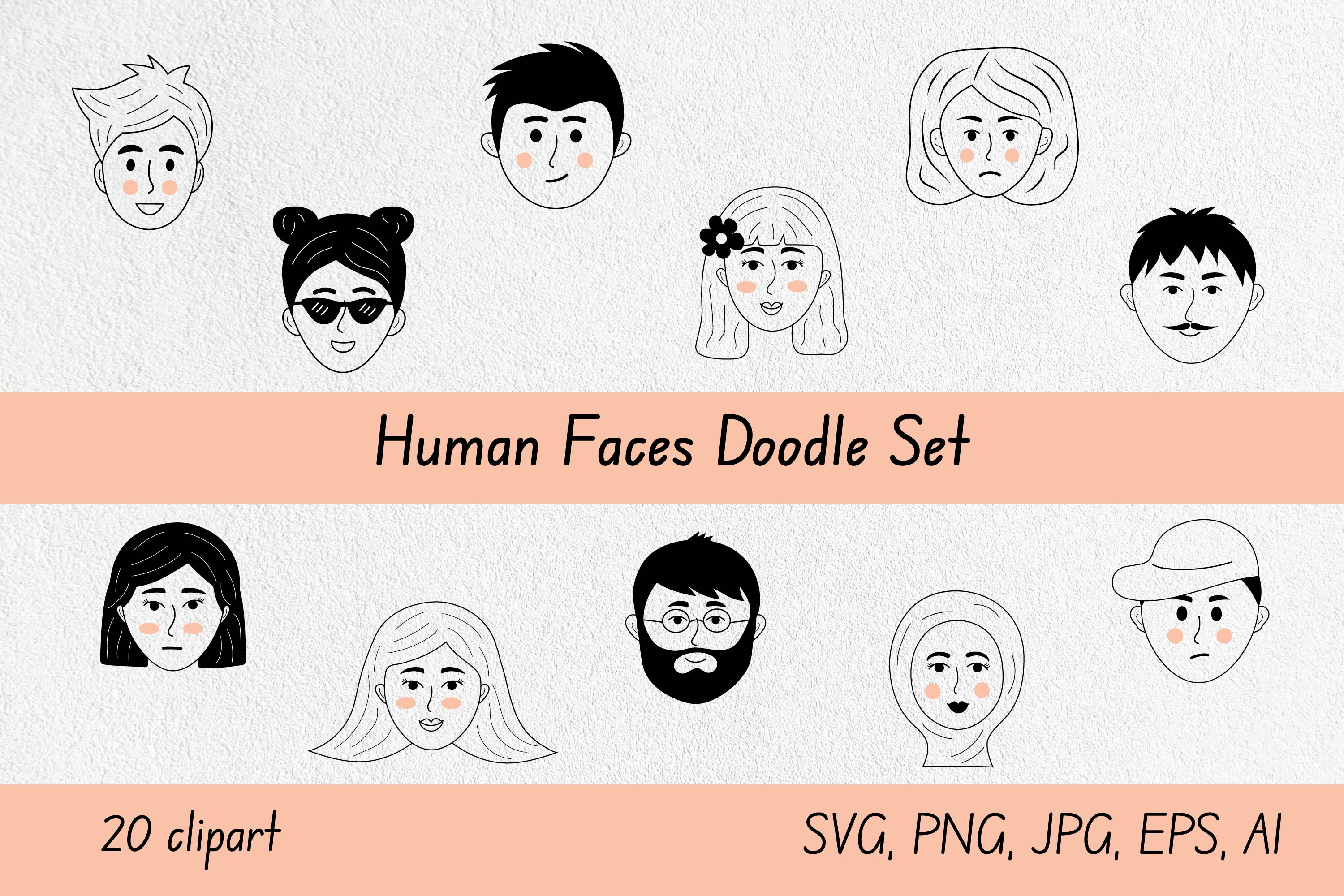 Human Faces Doodle Set, an Outline Icon by JulyGart | Creative Market