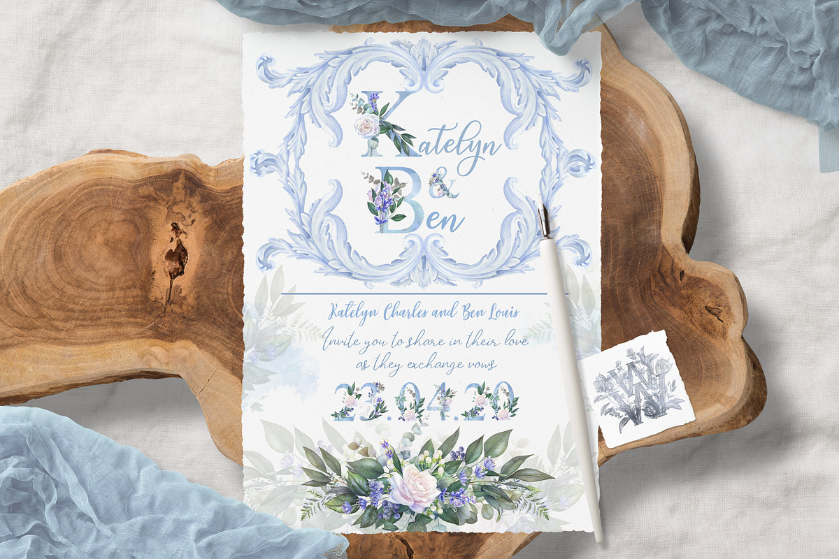 Blue watercolor ornate letters, a Decorative Illustration by WonderWonder