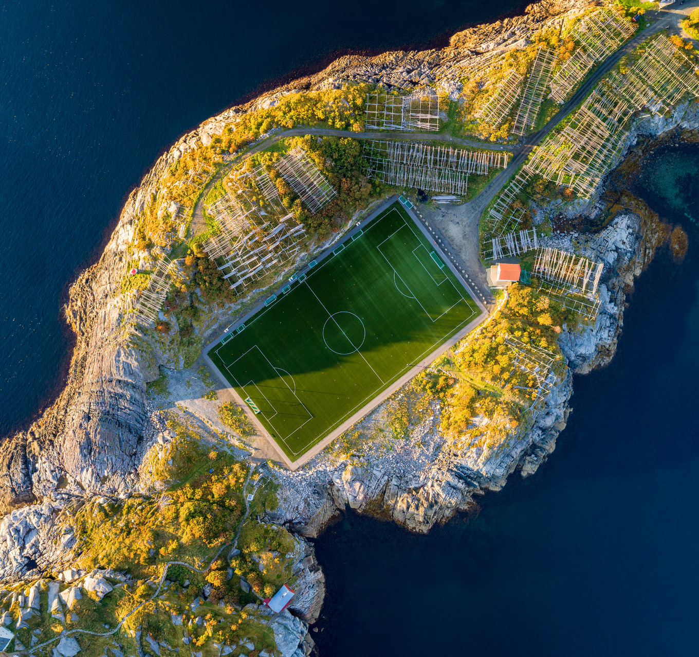 Football field in henningsvaer from above featuring henningsvaer ...