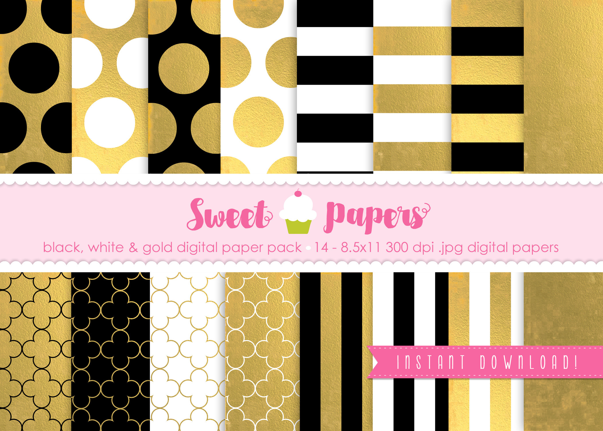 Gold Black White Digital Paper GFB01, a Pattern Graphic by Sweet Papers