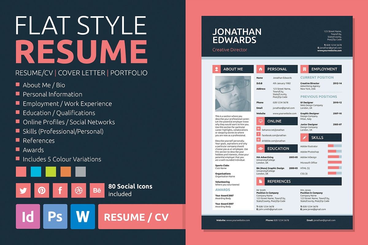 Flat Style Resume, a Resume Template by bilmaw creative