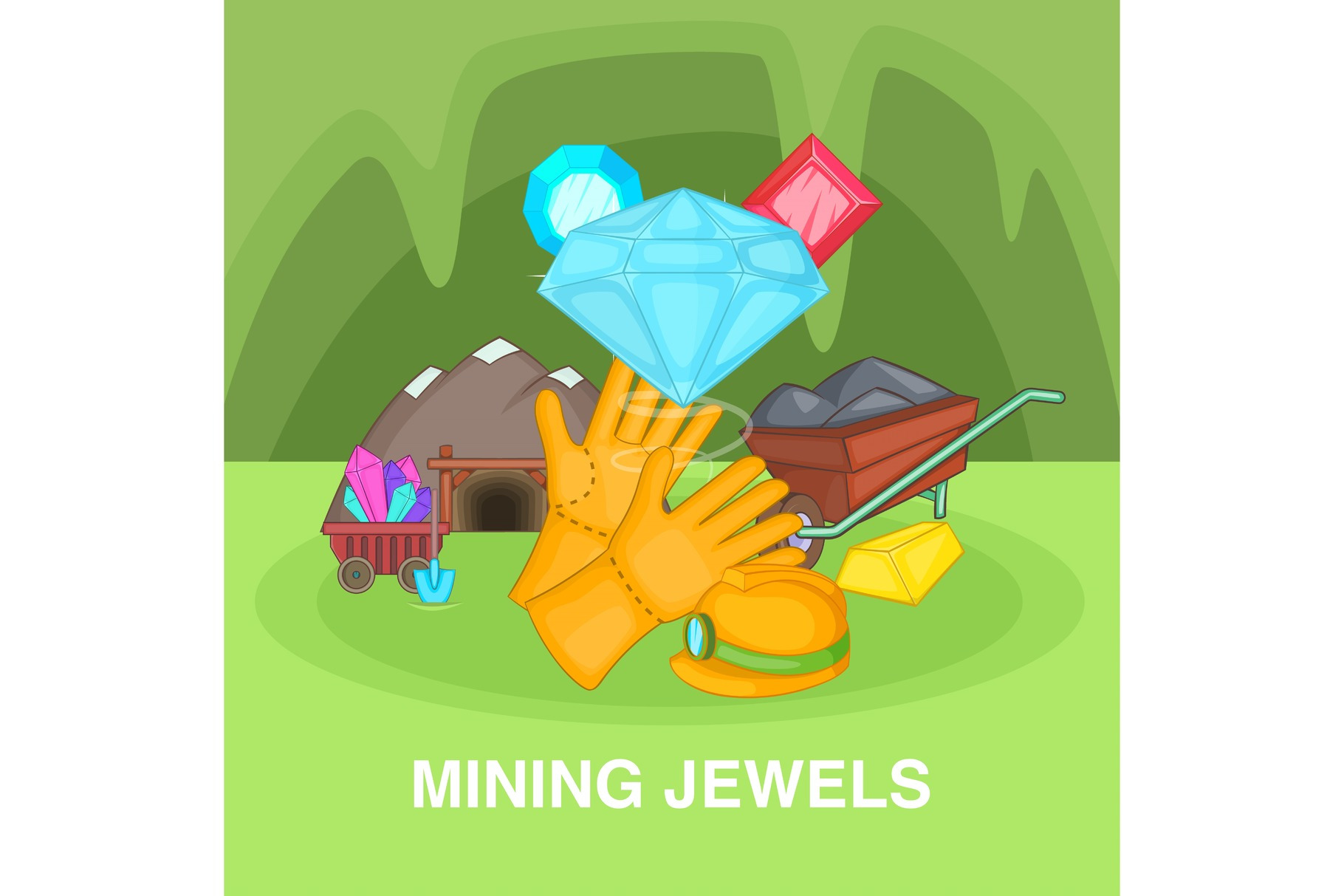Mining jewels concept, cartoon style, a Decorative Illustration by ...