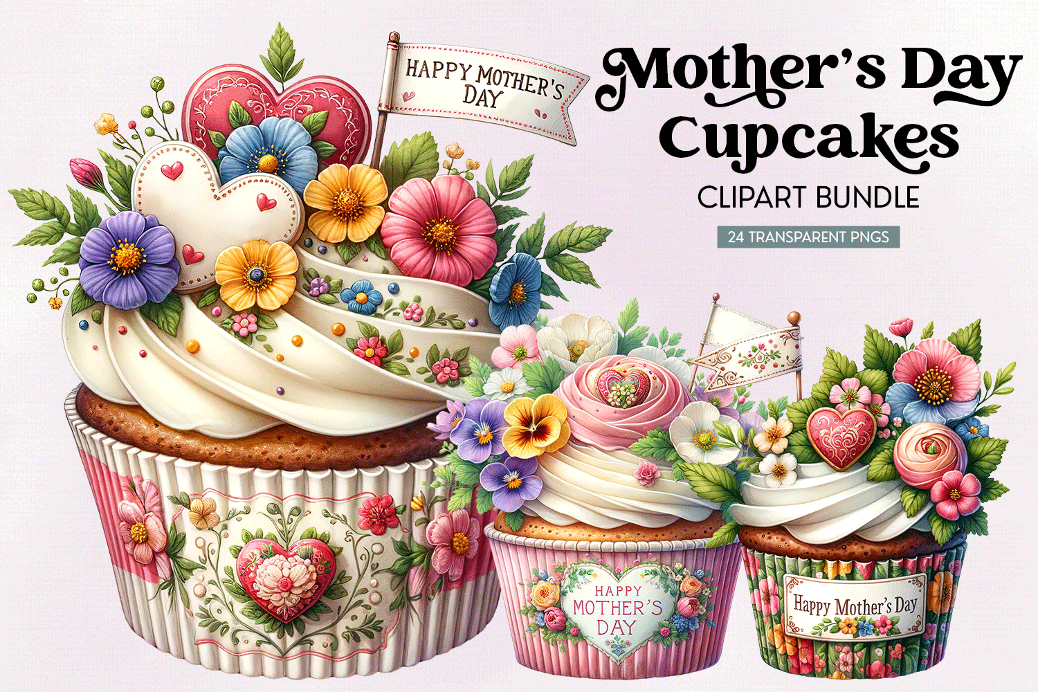 Mother's Day Cupcake Clipart Bundle, a Food Illustration by Bijou Bay