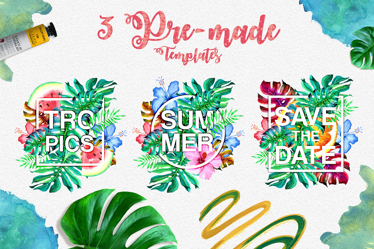 Watercolor Summer Design Set, an Illustration by Free-PSD-Templates
