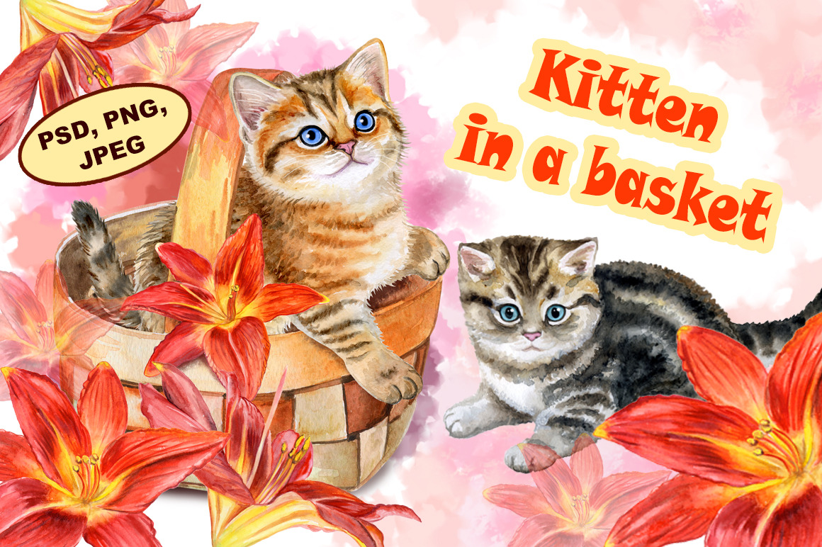 Kitten in a basket. Red lilies, an Animal Illustration by Watercolor dreams