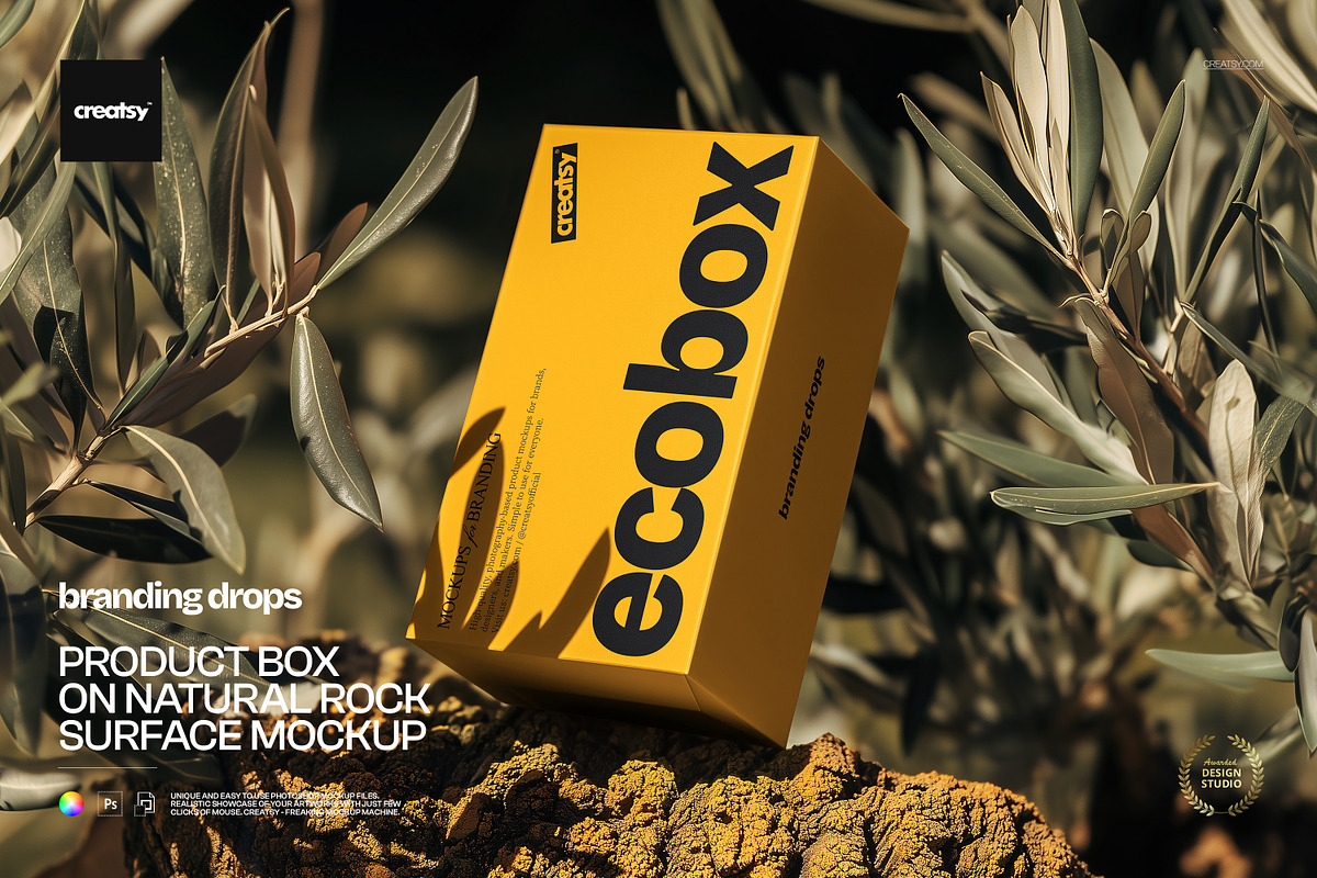 Product Box on Natural Rock Mockup, a Packaging Mockup by creatsy5