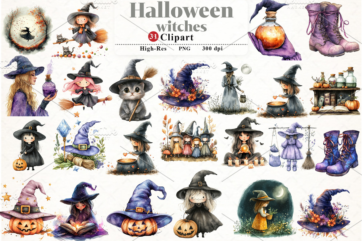 Halloween witches Clipart, an Illustration by Watercolor design