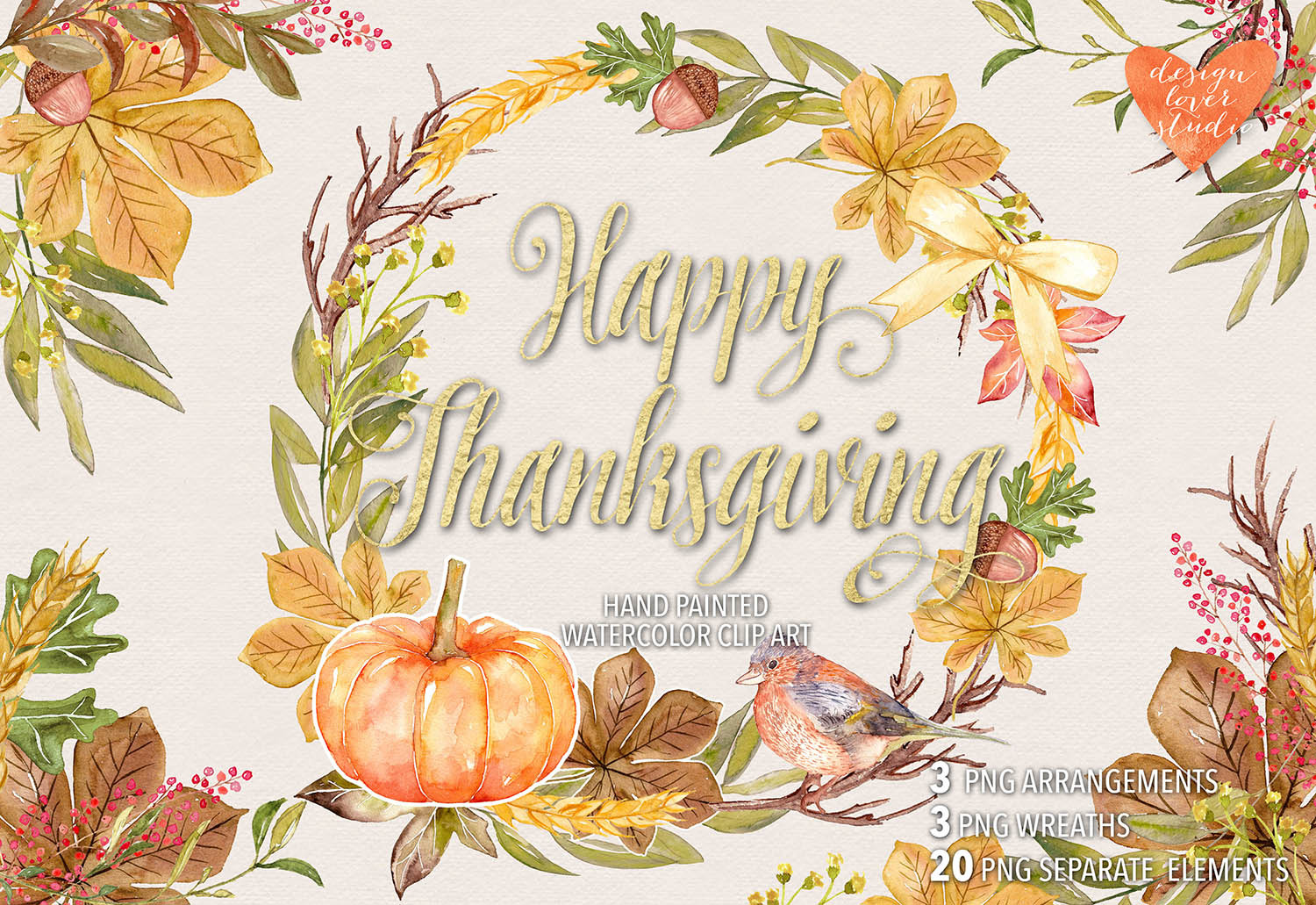Watercolor Happy Thanksgiving, an Illustration by designloverstudio