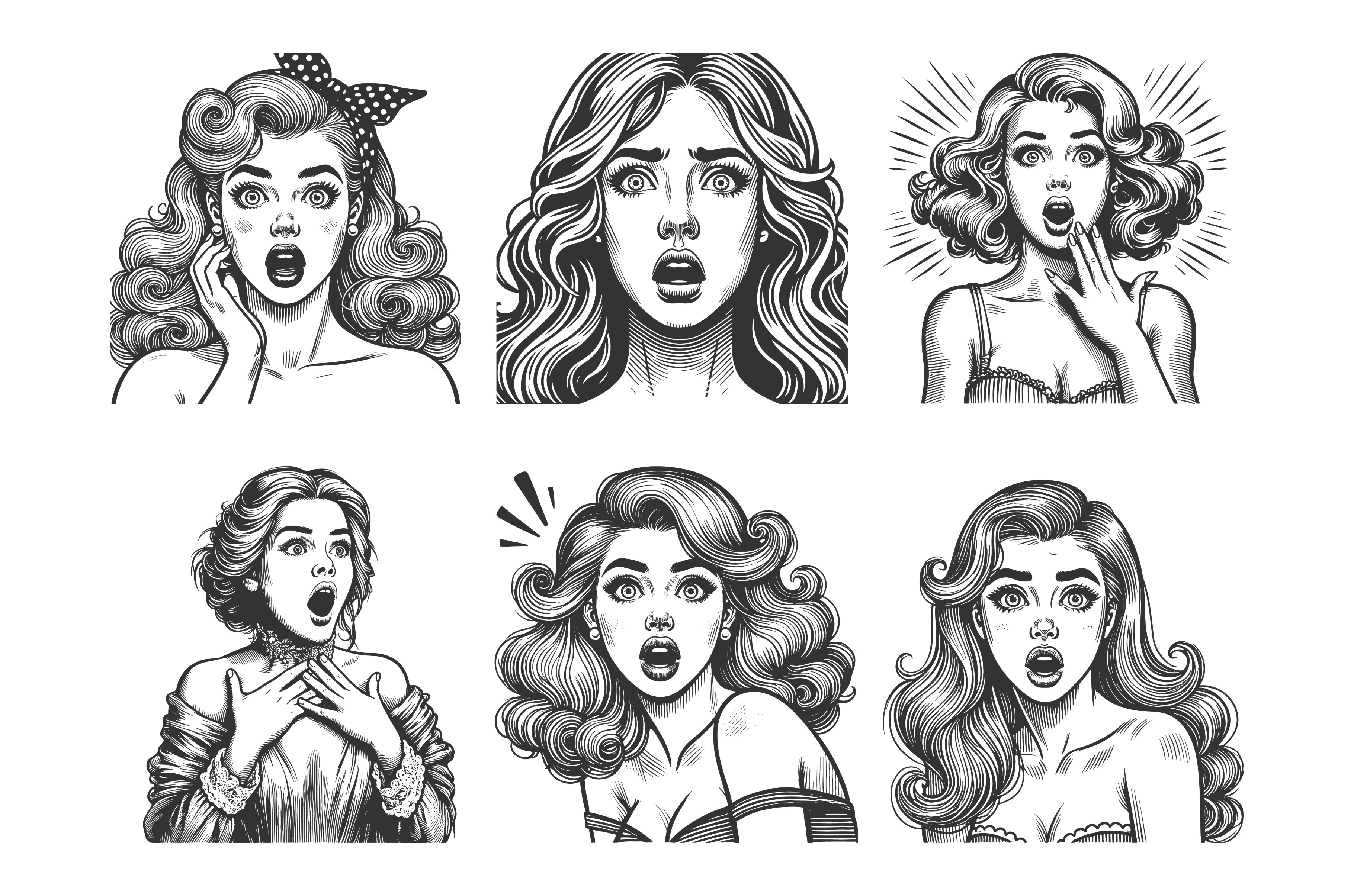 Surprised Woman engraving set vector, a Person Illustration by AlexArt