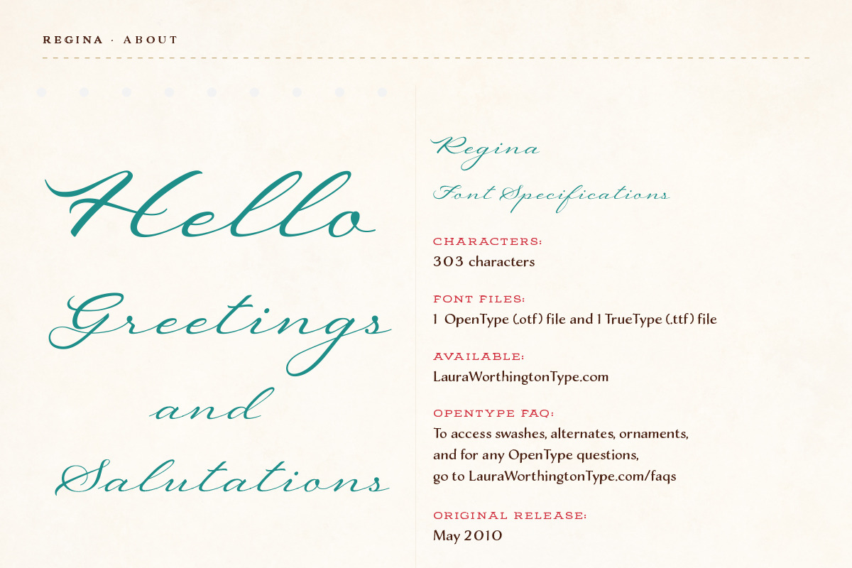 Regina, a Script Font by Laura Worthington