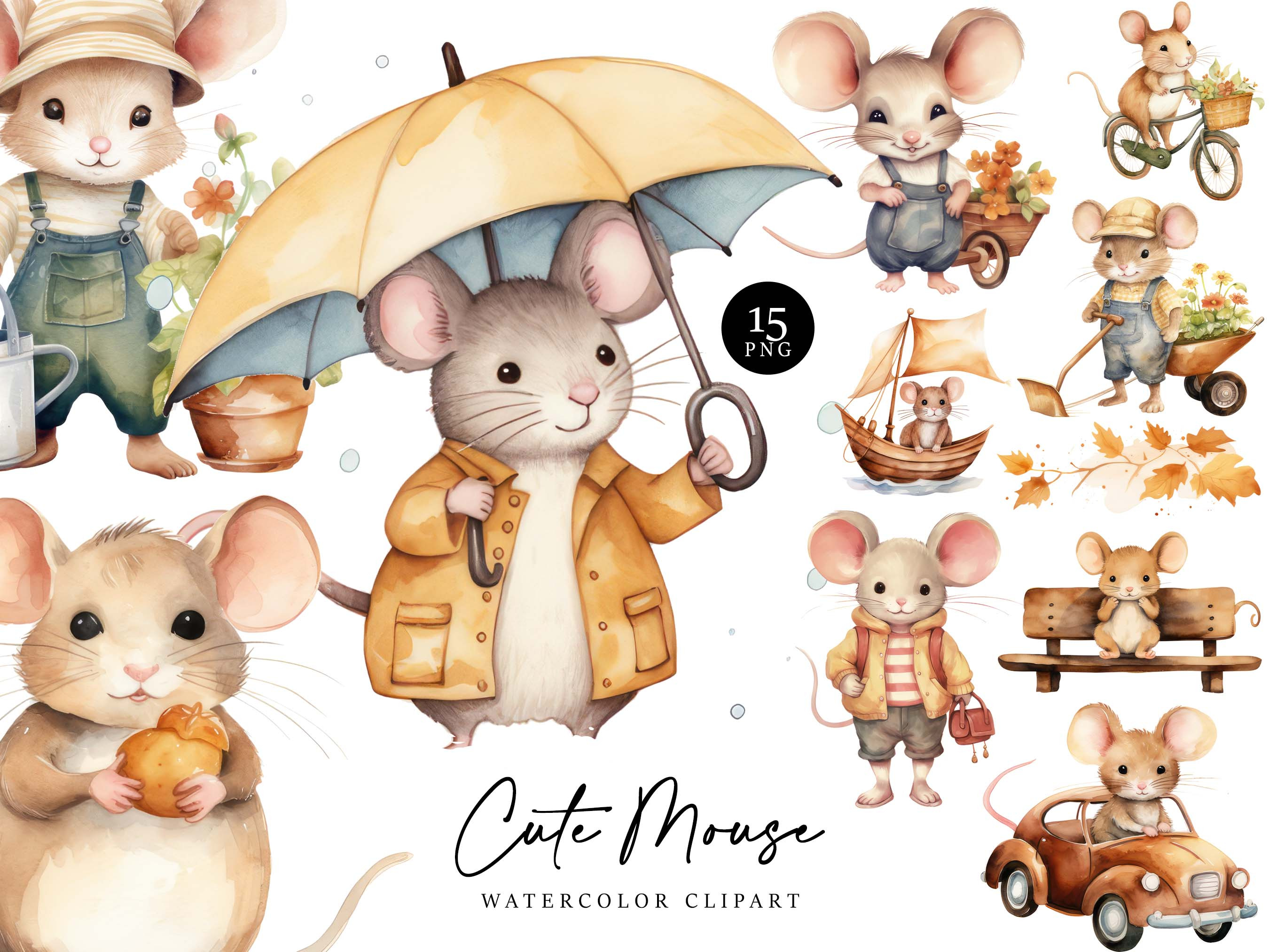 Watercolor Cute Mouse Clipart Bundle, an Animal Illustration by Design ...