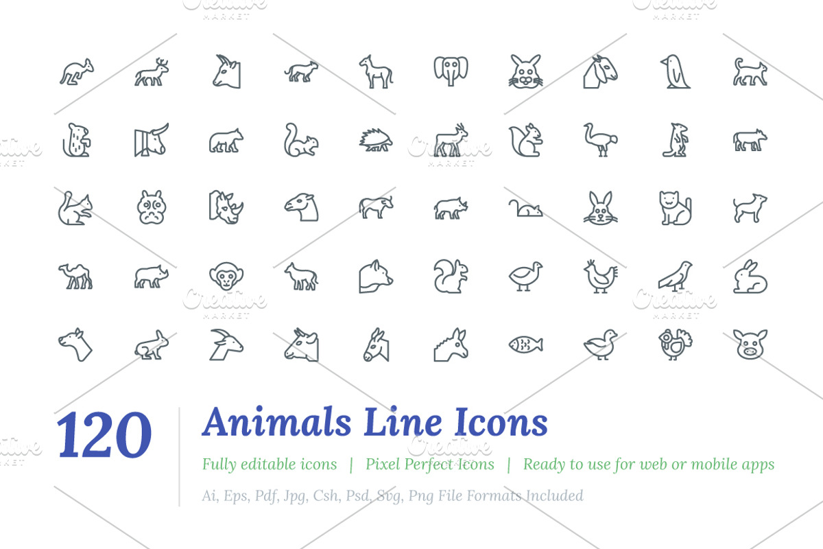 120 Animals Line Icons, an Outline Icon by Vectors Market