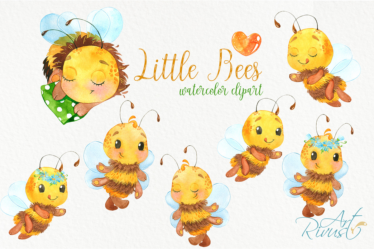 Bees. Cute bee watercolor clipart., a Decorative Illustration by RivusArt