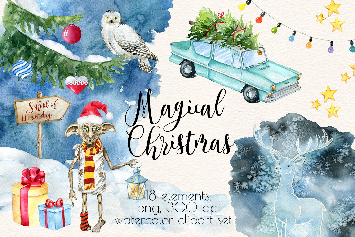 Magical Christmas Watercolor Clipart, an Education Illustration by ...