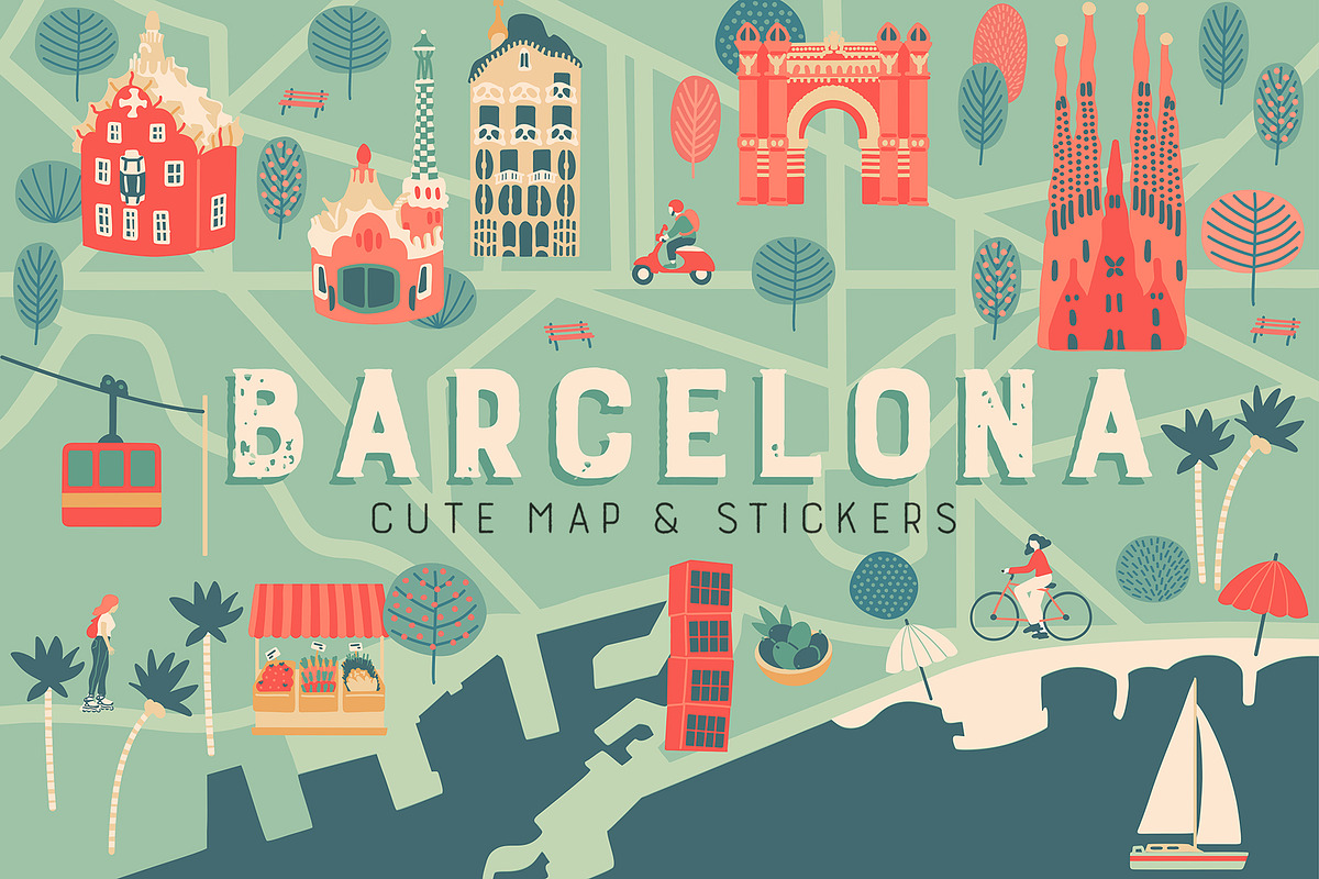 Barcelona. Cute map and stickers, an Illustration by Wondermilkycolor ...