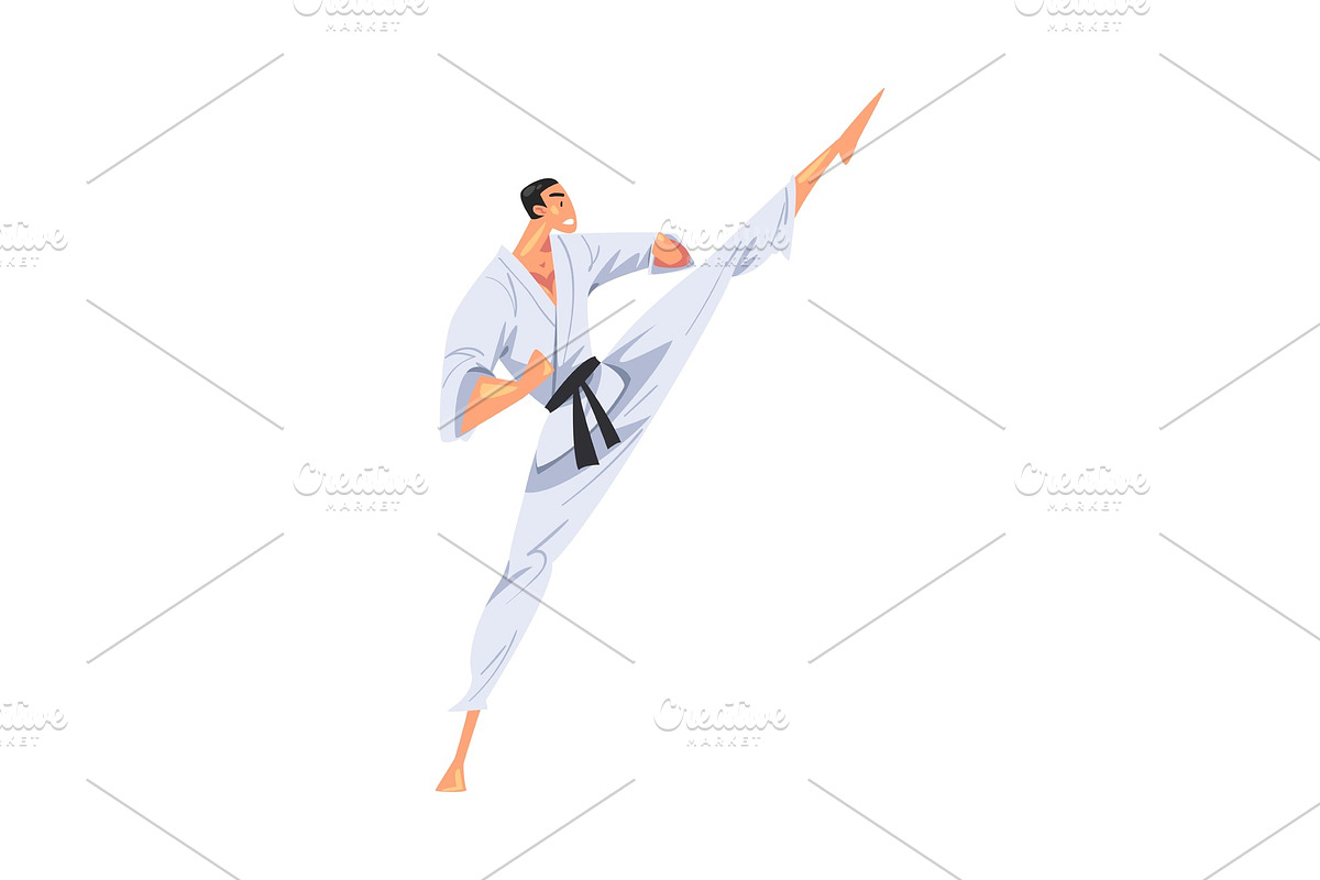 Man Karateka Doing High Leg Kick, an Education Illustration by TopVectors | Creative Market