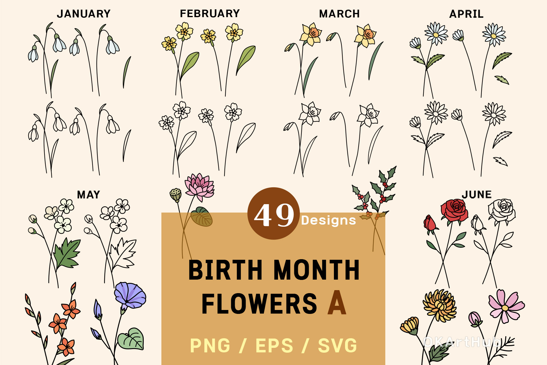 Birth Flowers Vector Clipart_A, a Decorative Illustration by OKArtHub