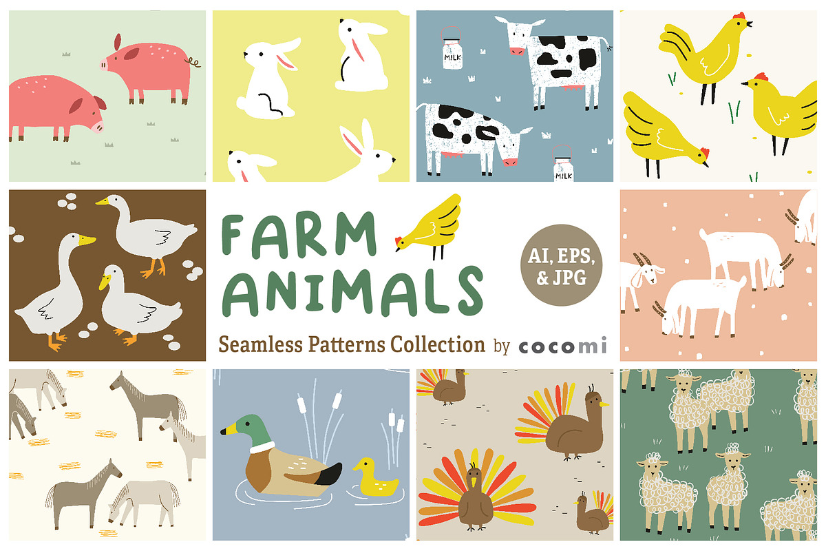 FARM ANIMALS seamless patterns, a Pattern Graphic by cocomi