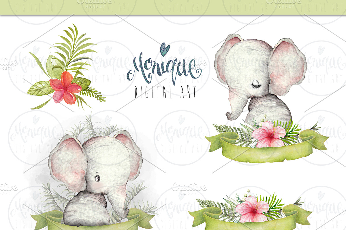 Elephant clipart watercolor, an Animal Illustration by Monique Digital Art