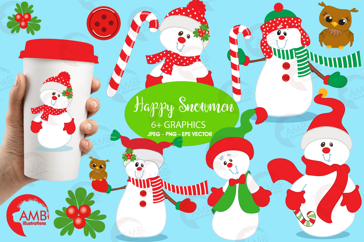 Happy Snowmen Clipart AMB-503, an Illustration by AMBillustrations