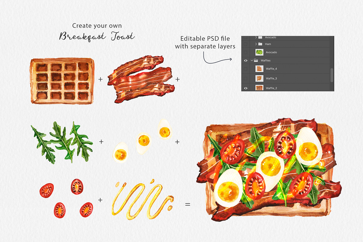 Delicious Breakfast Watercolor Set, a Food Illustration by Volha Studio