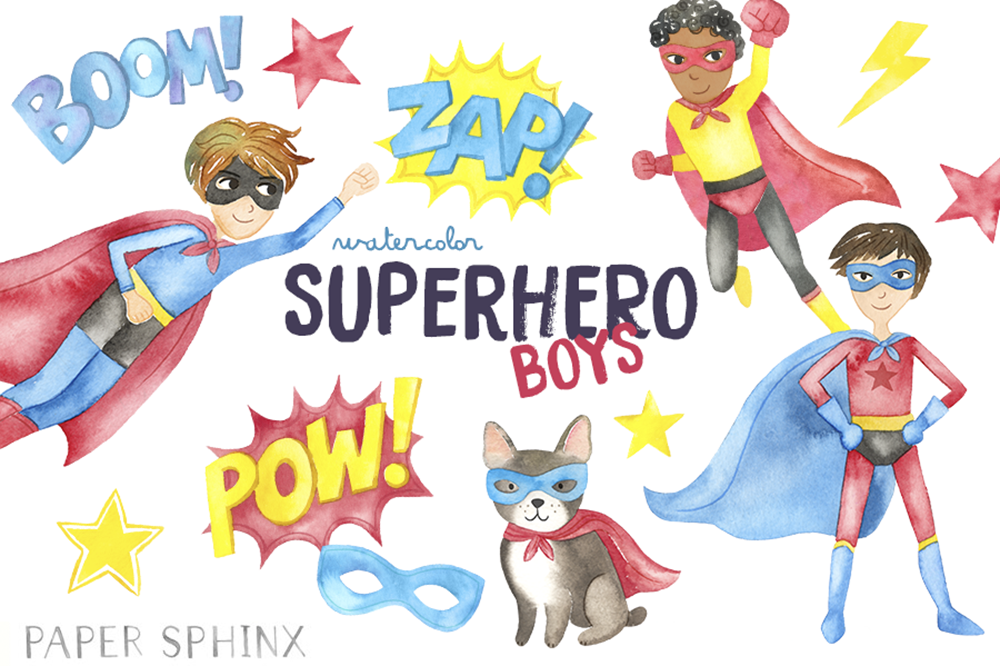 Watercolor Superhero Clipart - Boys, an Illustration by PaperSphinx