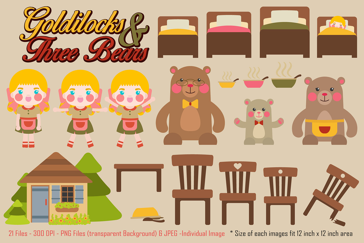 Goldilocks And Three Bears Clip Art, an Illustration by Cozy Cat Design