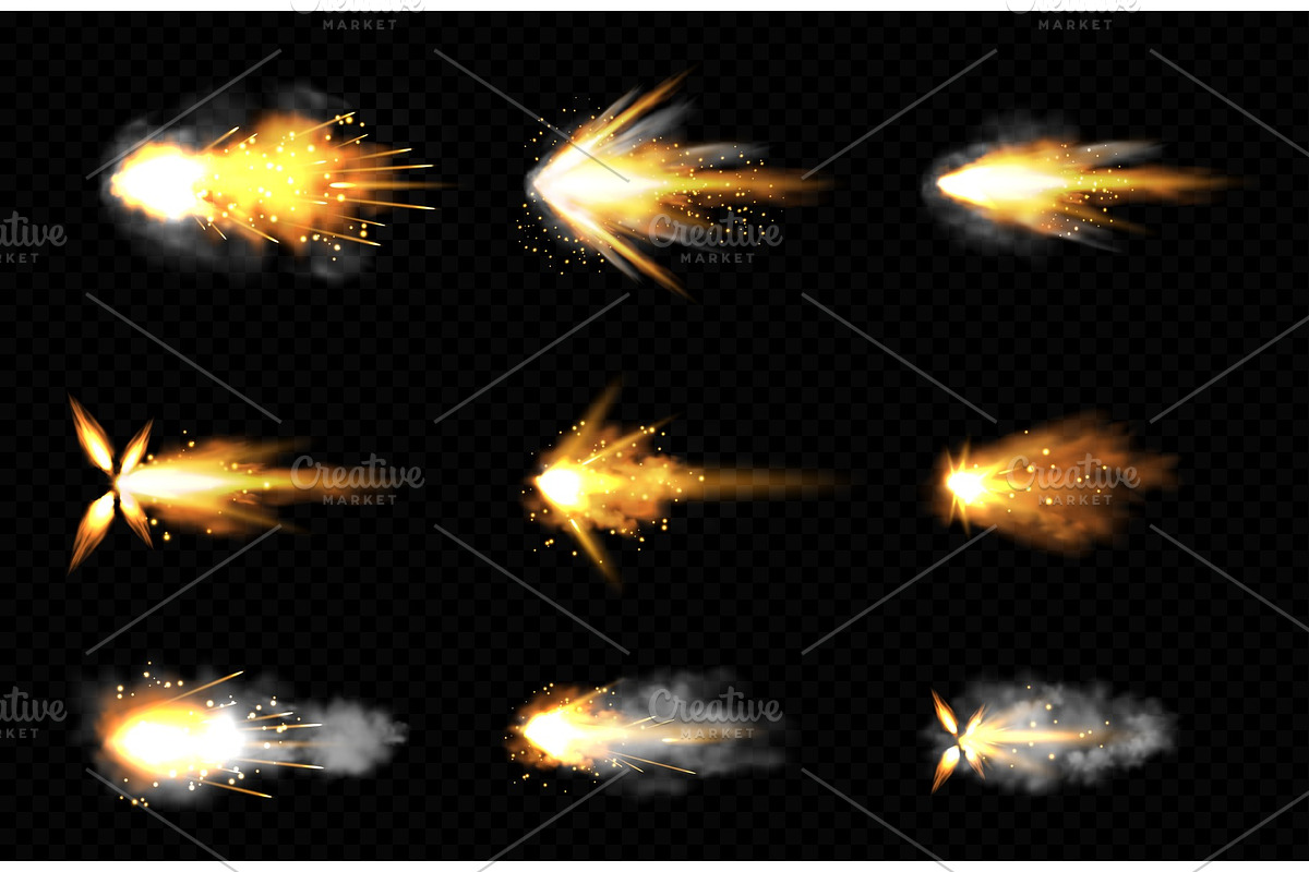 Realistic set of gun shots with fire, an Illustration by art PVP - market