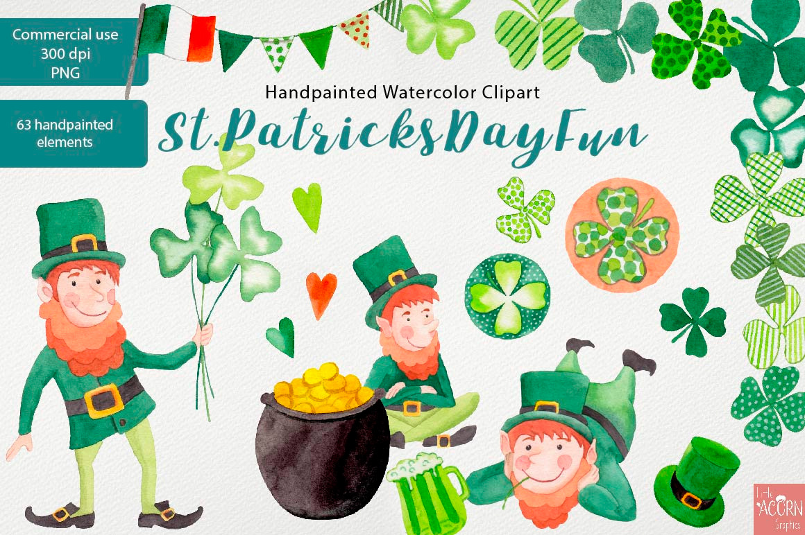 Watercolor Clipart St Patricks Day, an Illustration by LittleAcornGraphics