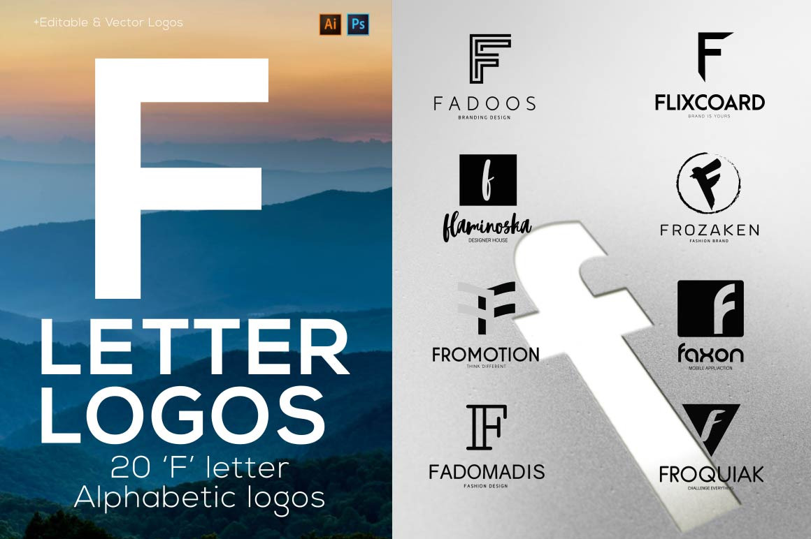20 F Letter Alphabetic Logos, a Branding & Logo Template by AN Productions