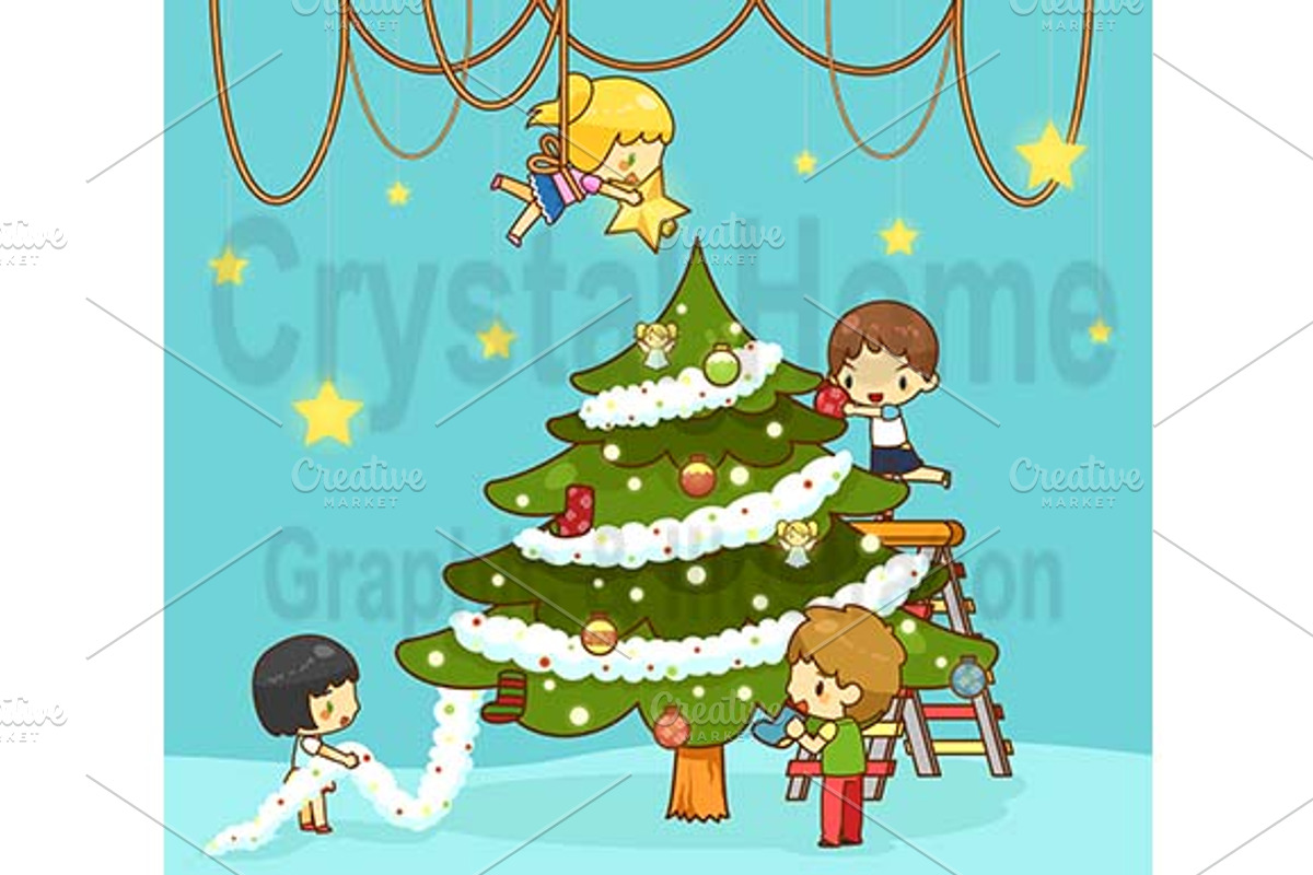 Cartoon kids decorate Christmas tree, a Decorative Illustration by ...