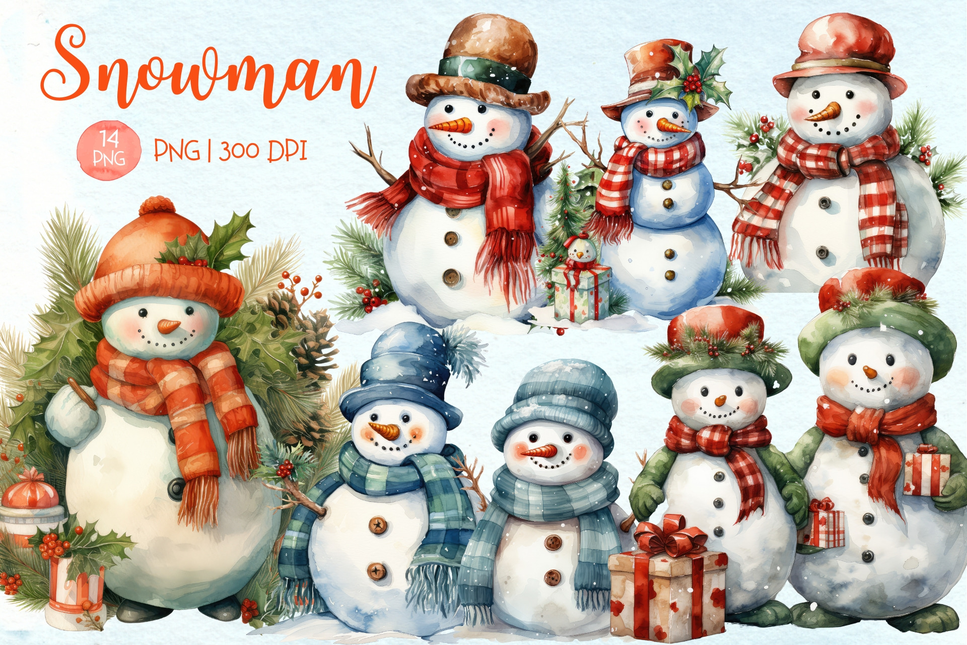 Christmas Snowman Watercolor Clipart, a Seasonal Illustration by Maysa Art