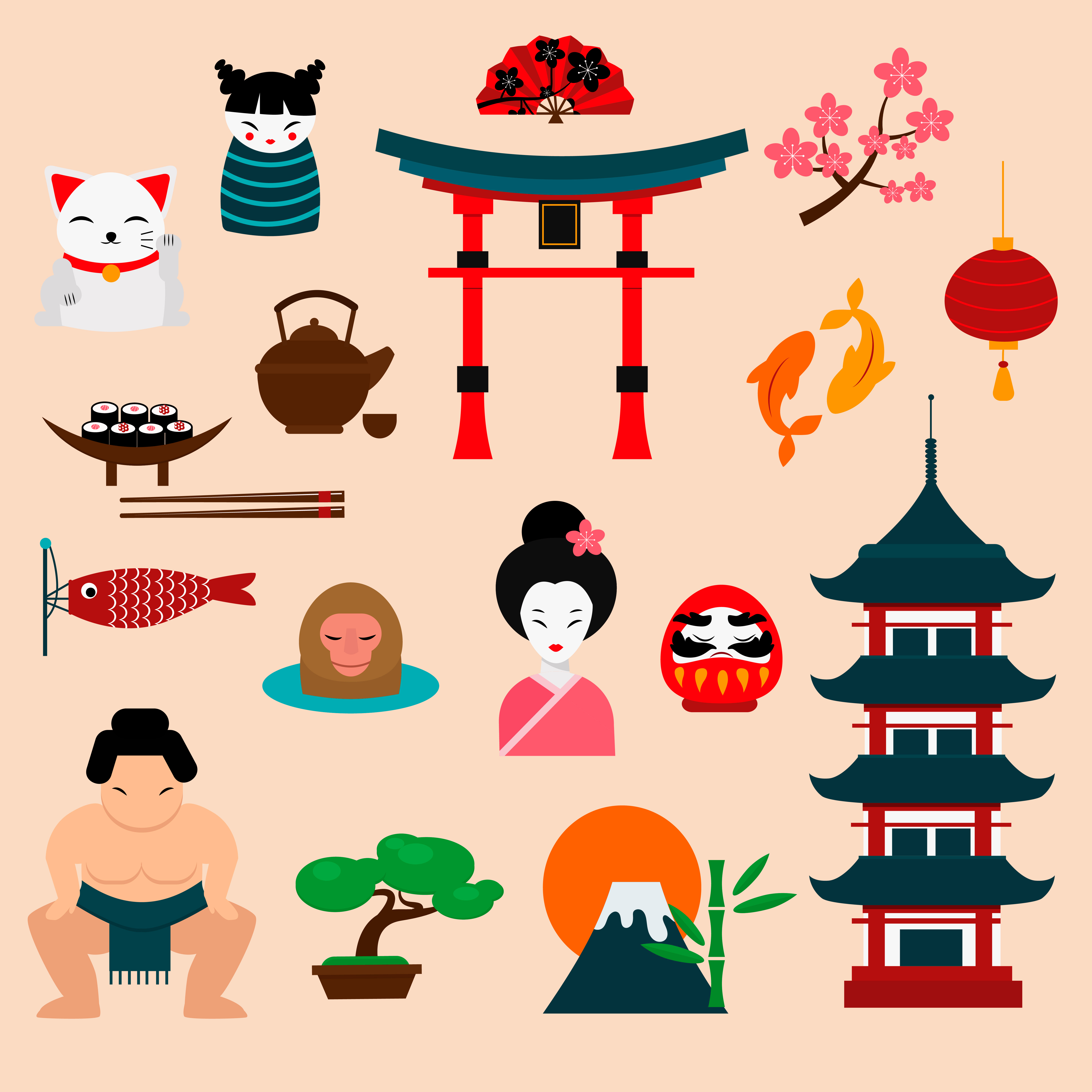 Japan landmark travel vector icons, a Decorative Illustration by ...
