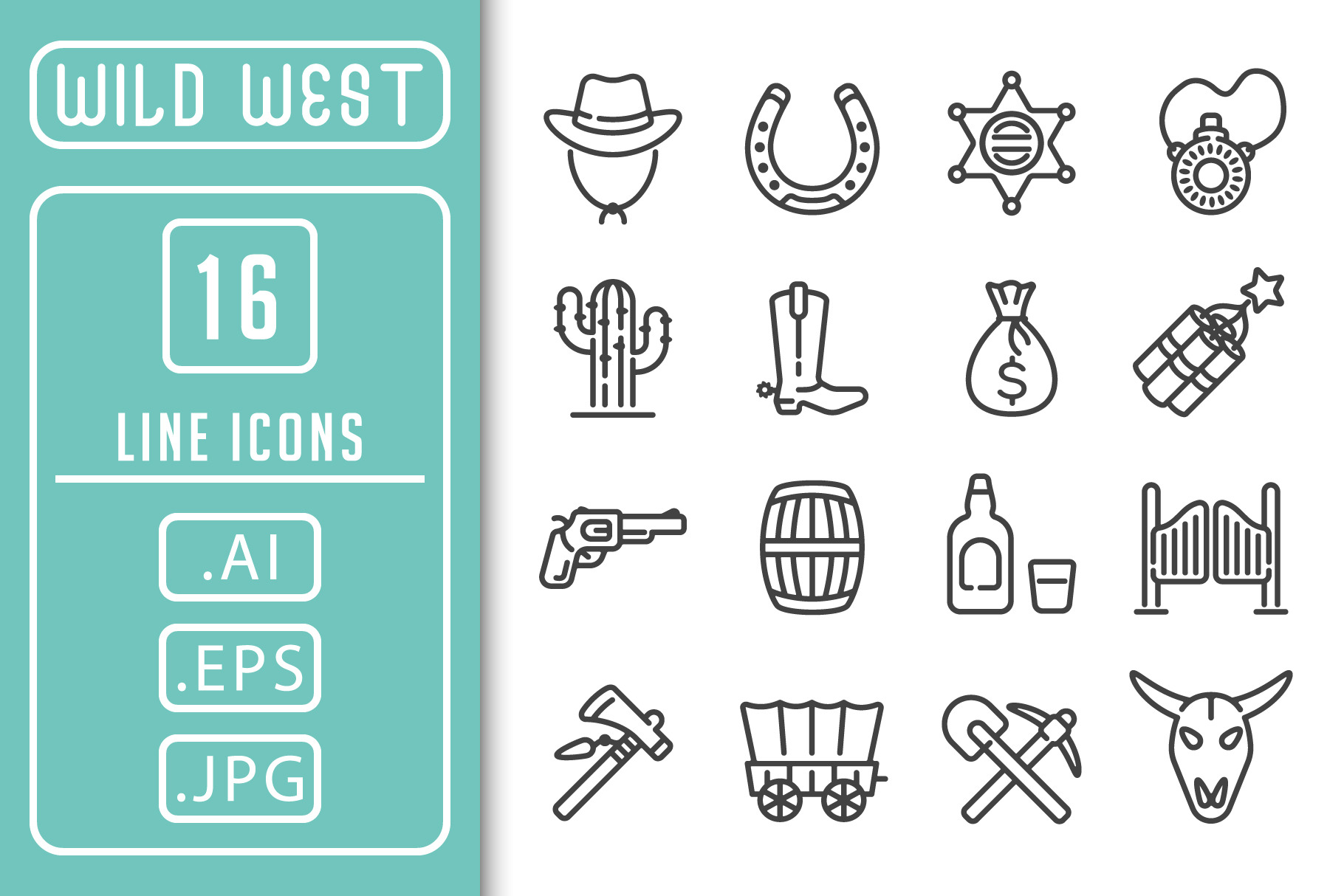 Set of 16 wild west outline icons, an Outline Icon by 10PA