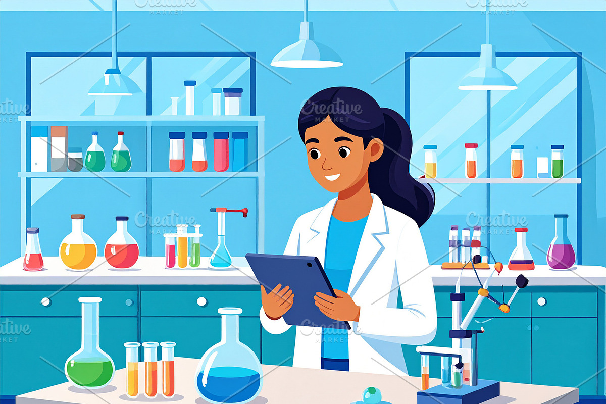 Teenage girl in a lab coat working alone on a science experiment, an ...