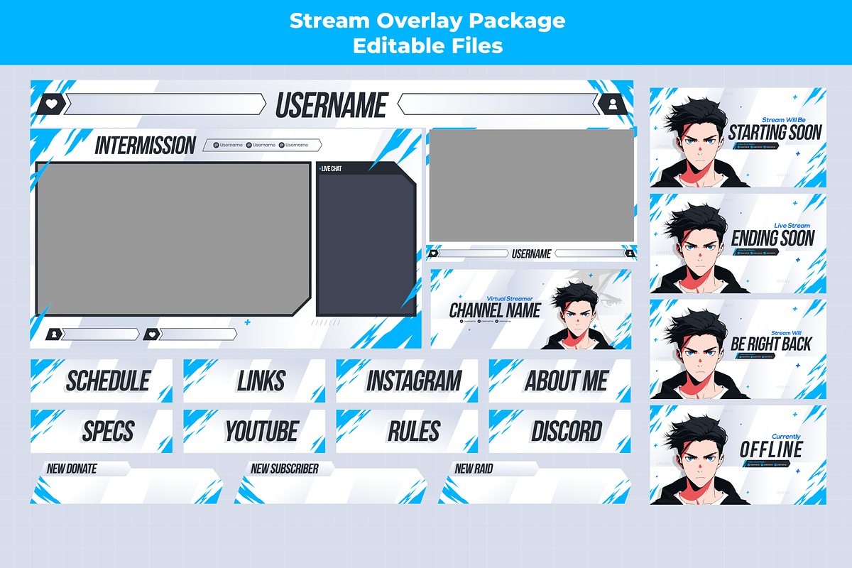 Blue theme anime guy stream overlay, a Design Template by Mhagi27