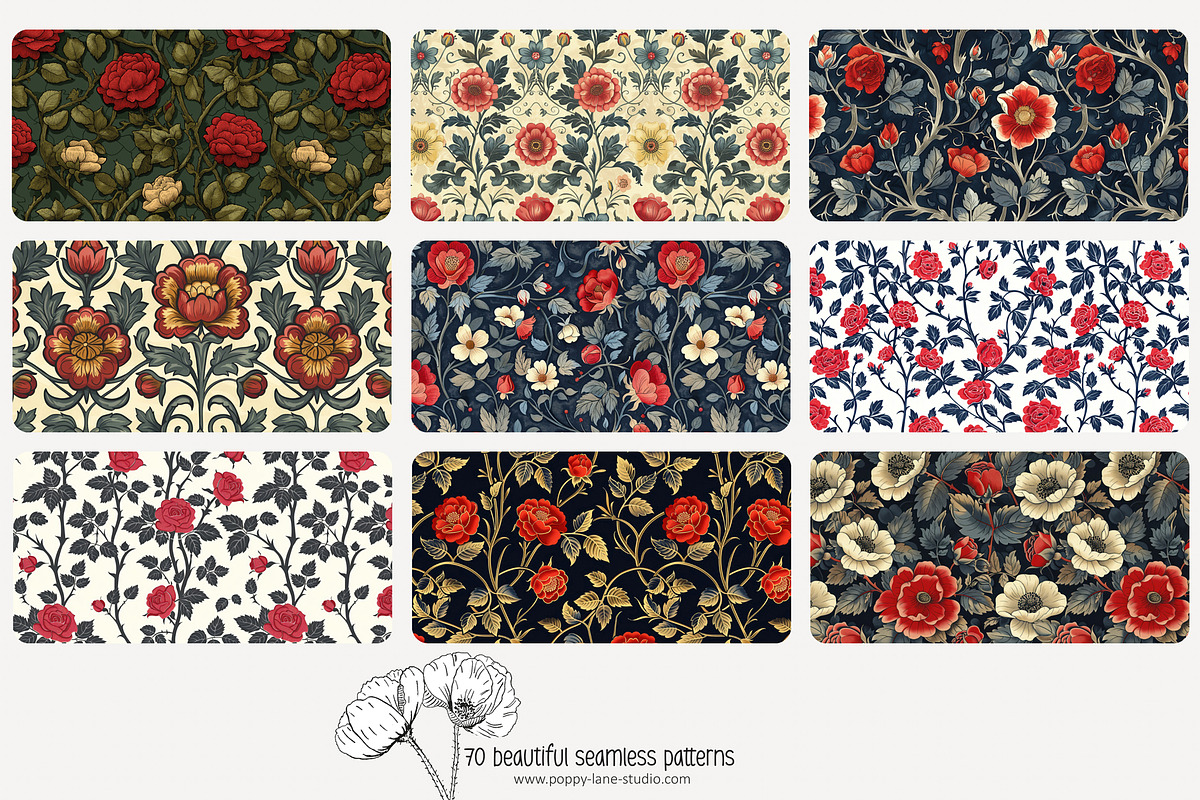 70 medieval rose seamless pattern, a Pattern Graphic by Poppy Lane Studio
