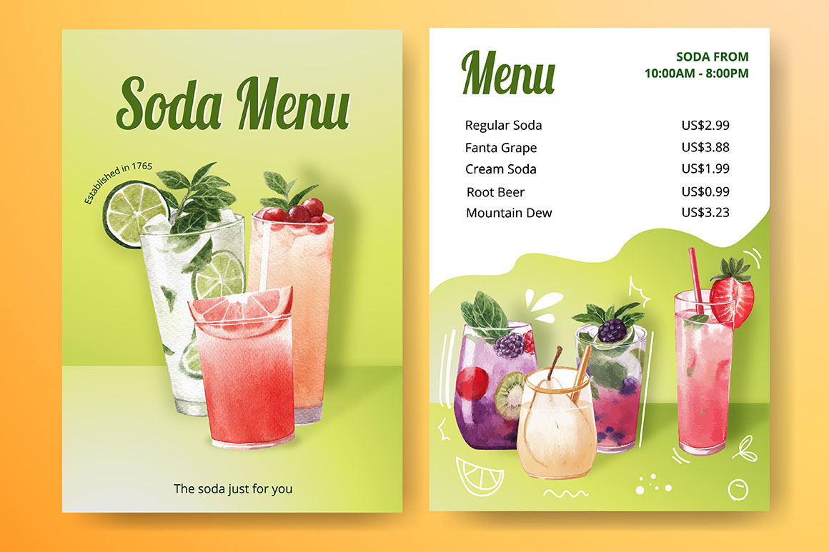 Soda drink menu template watercolor, a Flyer Template by CreativeValuation
