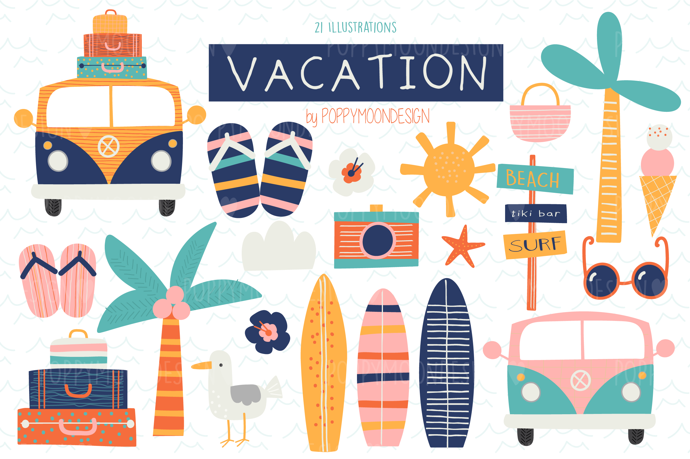 Vacation clipart set, an Illustration by Poppymoondesign
