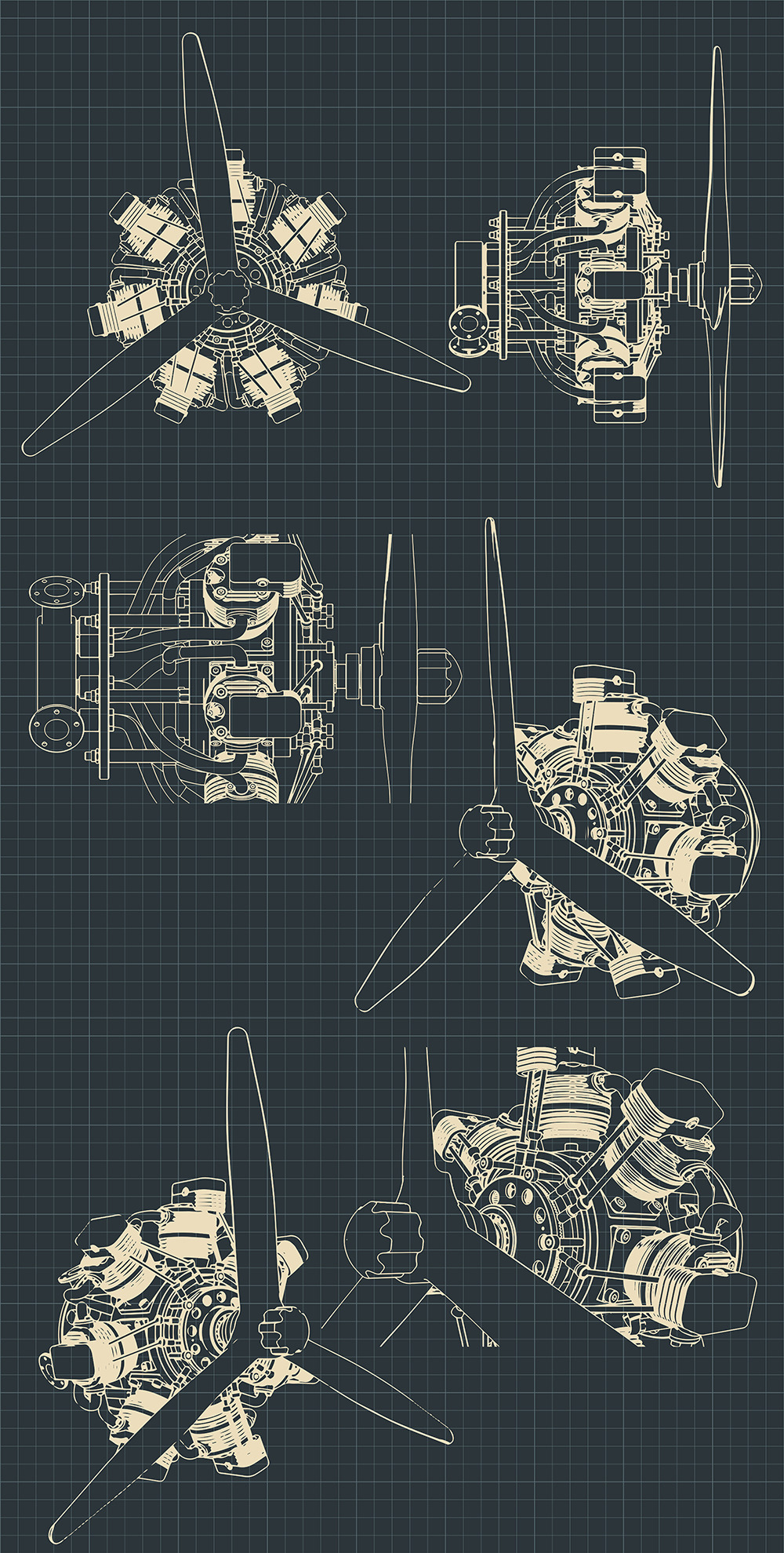 Radial engine blueprints Set | Technology Illustrations ~ Creative Market