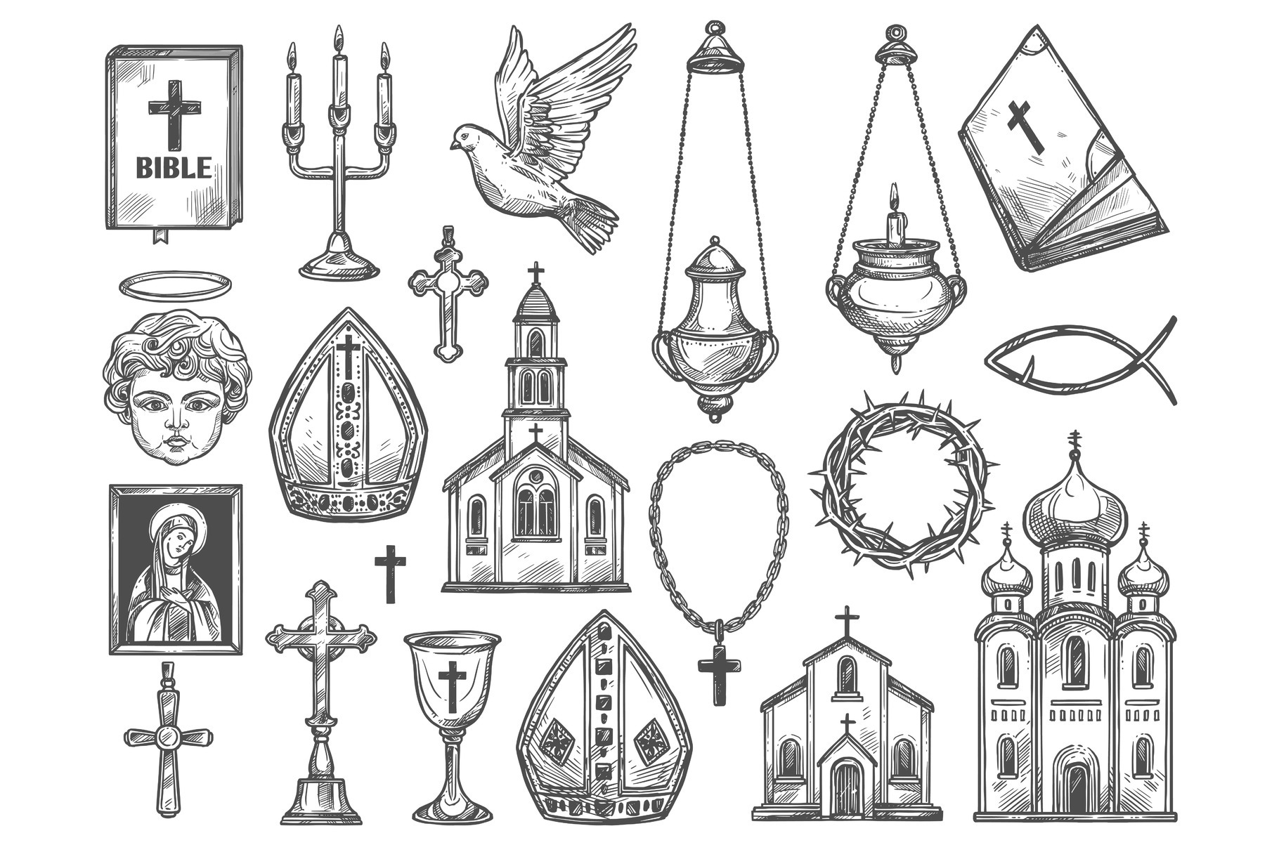 Christian religion church sketches, an Illustration by Vector Tradition