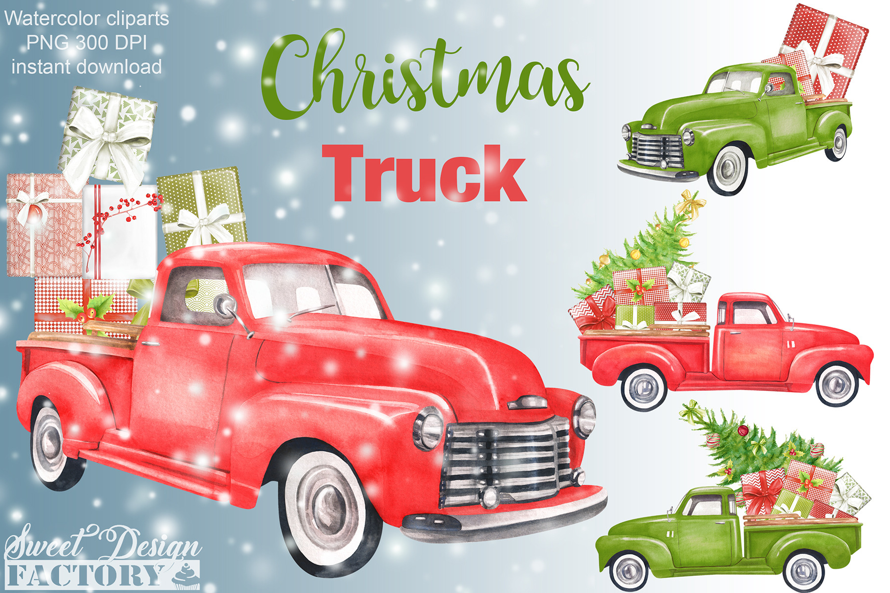 Watercolor Christmas truck clipart, a Decorative Illustration by Sweet ...