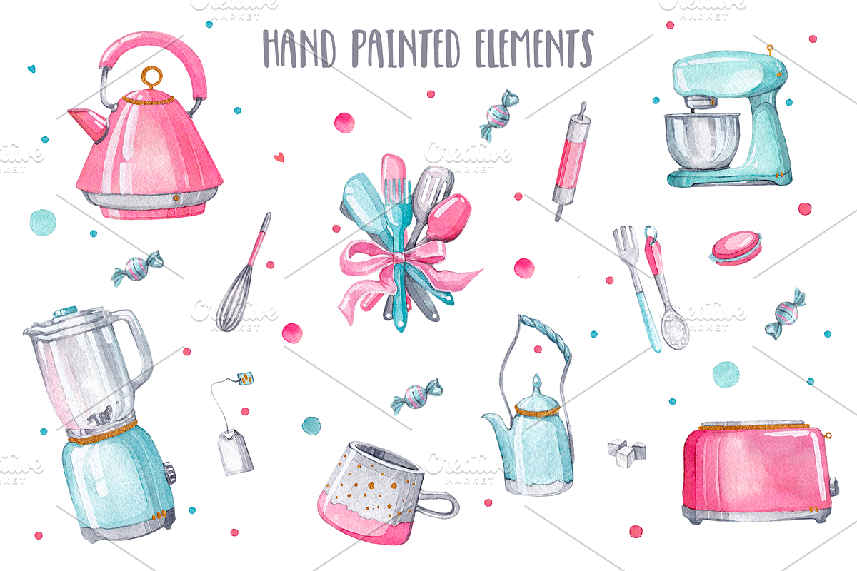 Kitchen elements. Watercolor set, a Food Illustration by Re_Margarita_Art