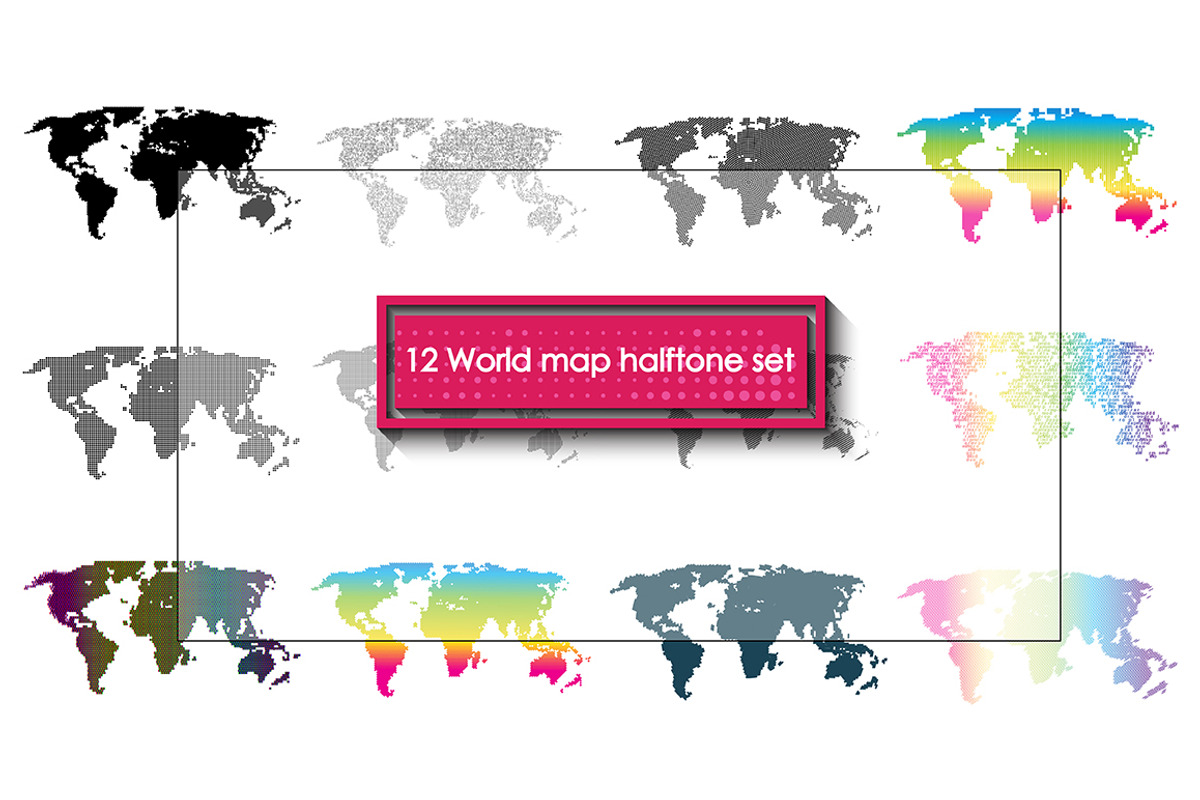 12 World maps halftone set., an Education Illustration by redstudio