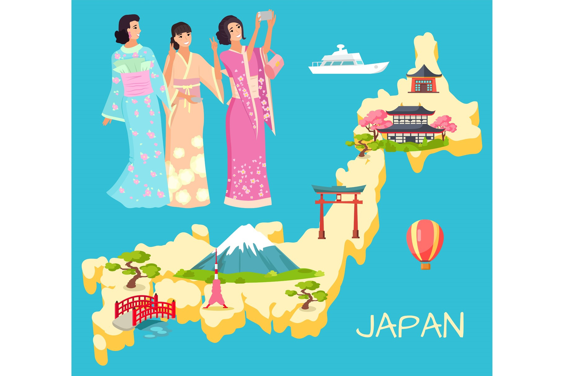 Geisha and Japan Map with Landmark, a Person Illustration by robuart