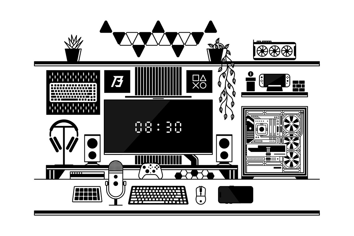 PC Gaming Setup Lineart Illustration, a Technology Illustration by ...