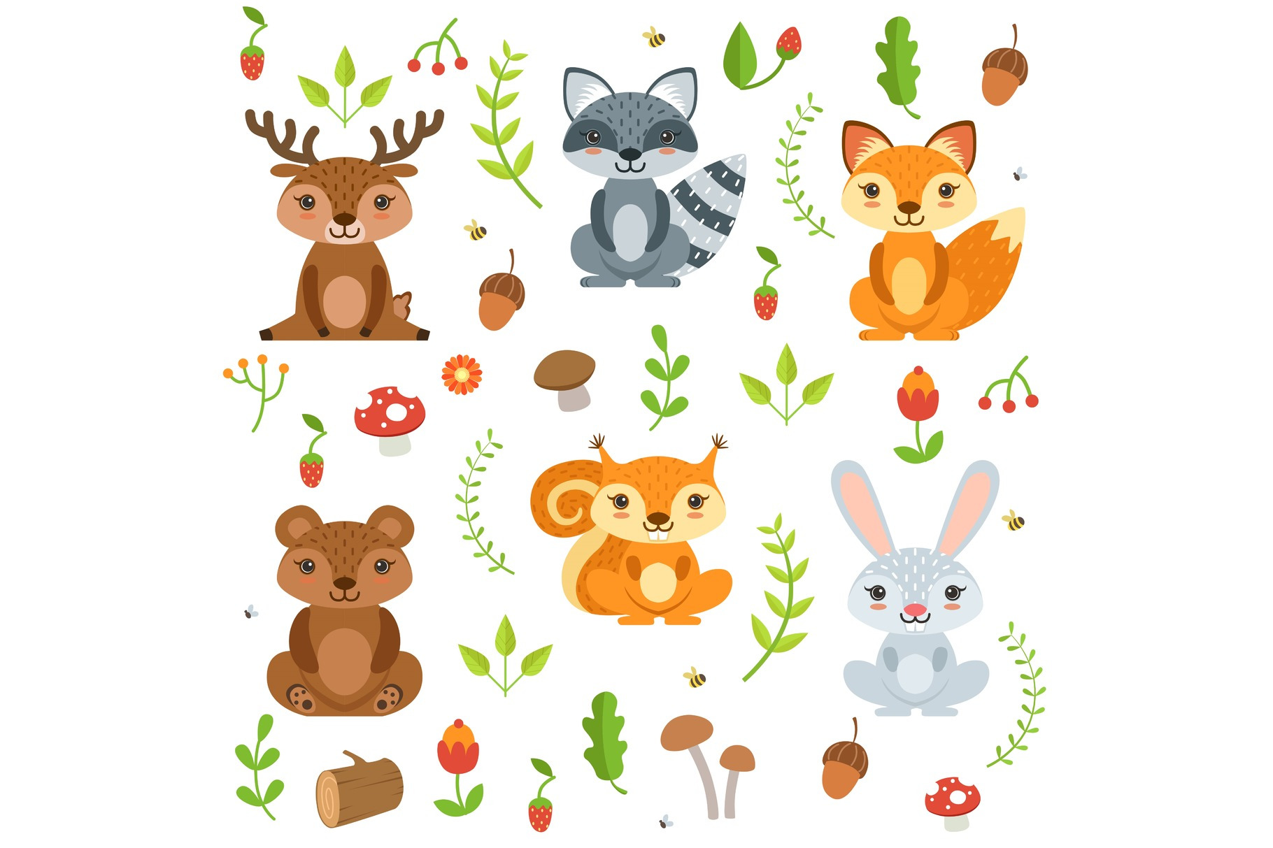 Funny forest animals and floral elements isolate on white background ...