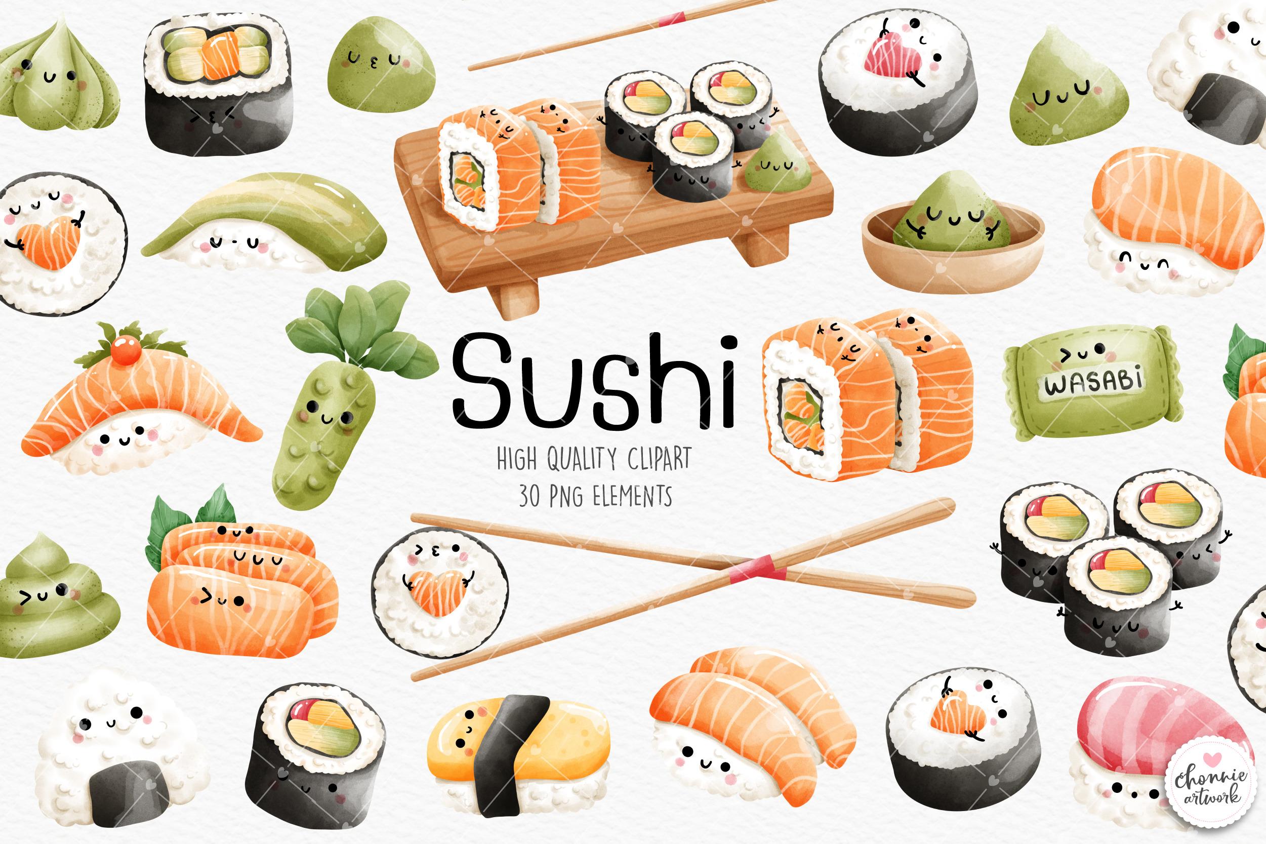 Sushi clipart, cute sushi clipart, a Food Illustration by Chonnieartwork